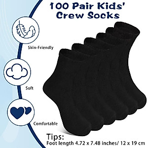 Hanaive Bulk 100 Pair Kids Black Crew Socks Unisex Stretch Cotton Socks Soft Comfortable Kids Dress Socks Basketball Soccer Training Socks for Toddlers Kids Youth Age 5-10