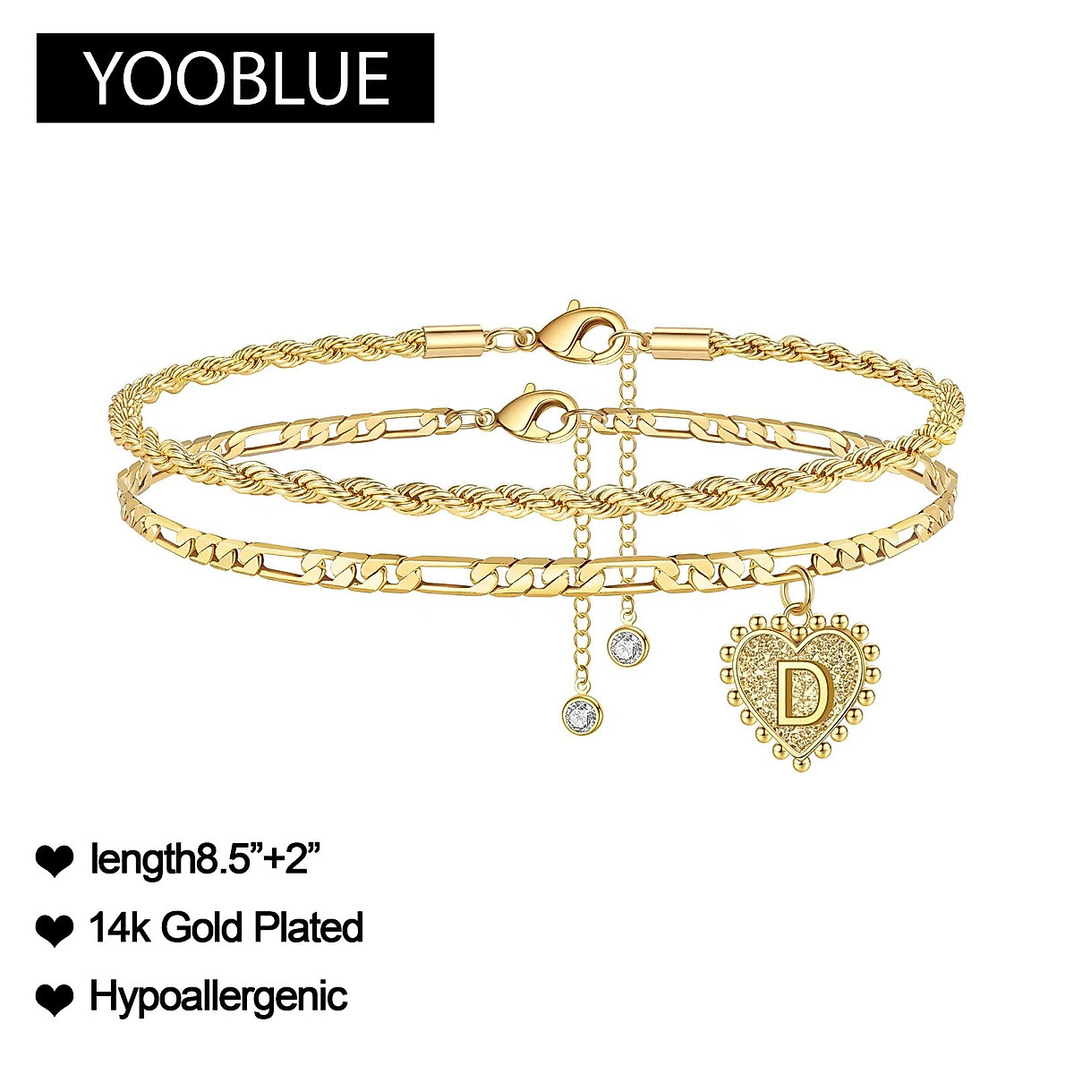 Yooblue Gold Anklets for Women - 14K Gold Filled Dainty Heart Letter D Initial Anklets Ankle Bracelets for Women Jewelry