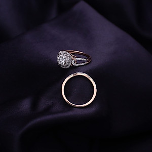 SAVEARTH DIAMONDS Center 5MM Cushion & Round Cut Lab Created Moissanite Diamond Double Halo Split Shank Bridal Set Engagement Ring In 10K Solid Rose Gold (VVS1 Clarity, 1 Cttw) Size-7