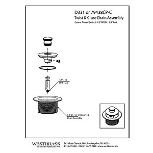 Westbrass D331-26 1-1/2-Inch NPSM Coarse Thread Twist & Close Bath Drain, Polished Chrome
