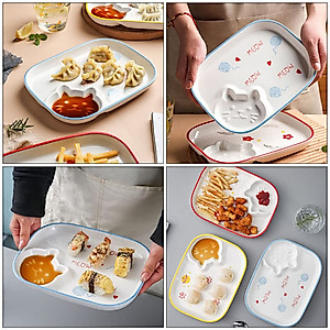 Hemoton Japanese Sushi Plates Ceramic Dumpling Plate with Sauce Dish Compartment Dip Serving Platter Snack Dessert Tray for Dim Sum Chips Salad Blue