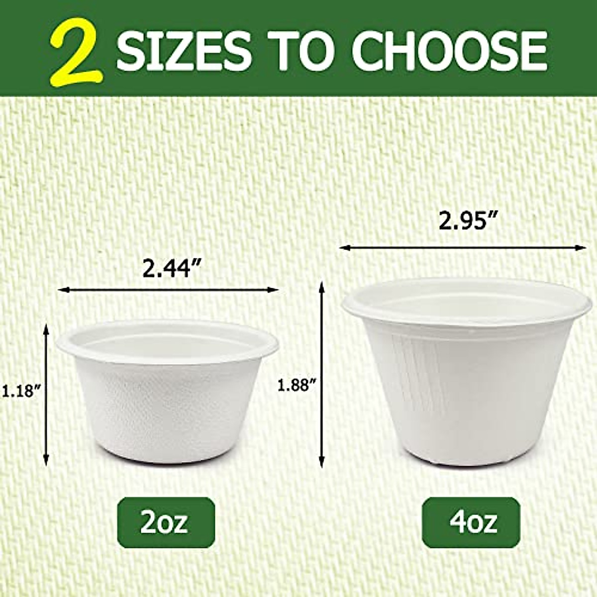 CAMKYDE 2 oz Disposable Bagasse Fiber Souffle Cups 100pk, 100% Natural Biodegradable Compostable Condiment Cups Sample Cups Tasting Cups (White, Pack of 100)