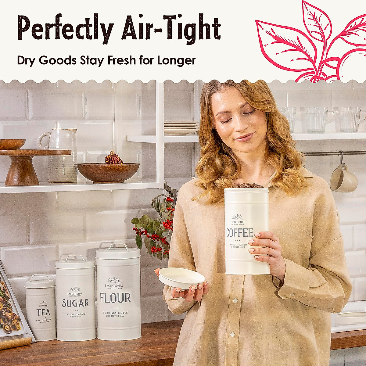 noonberry Canisters for Kitchen Counter, Set of 4 - Airtight Coffee Tea Flour Sugar Canisters Sets for the Kitchen Countertop, Rustic Farmhouse Canister Set