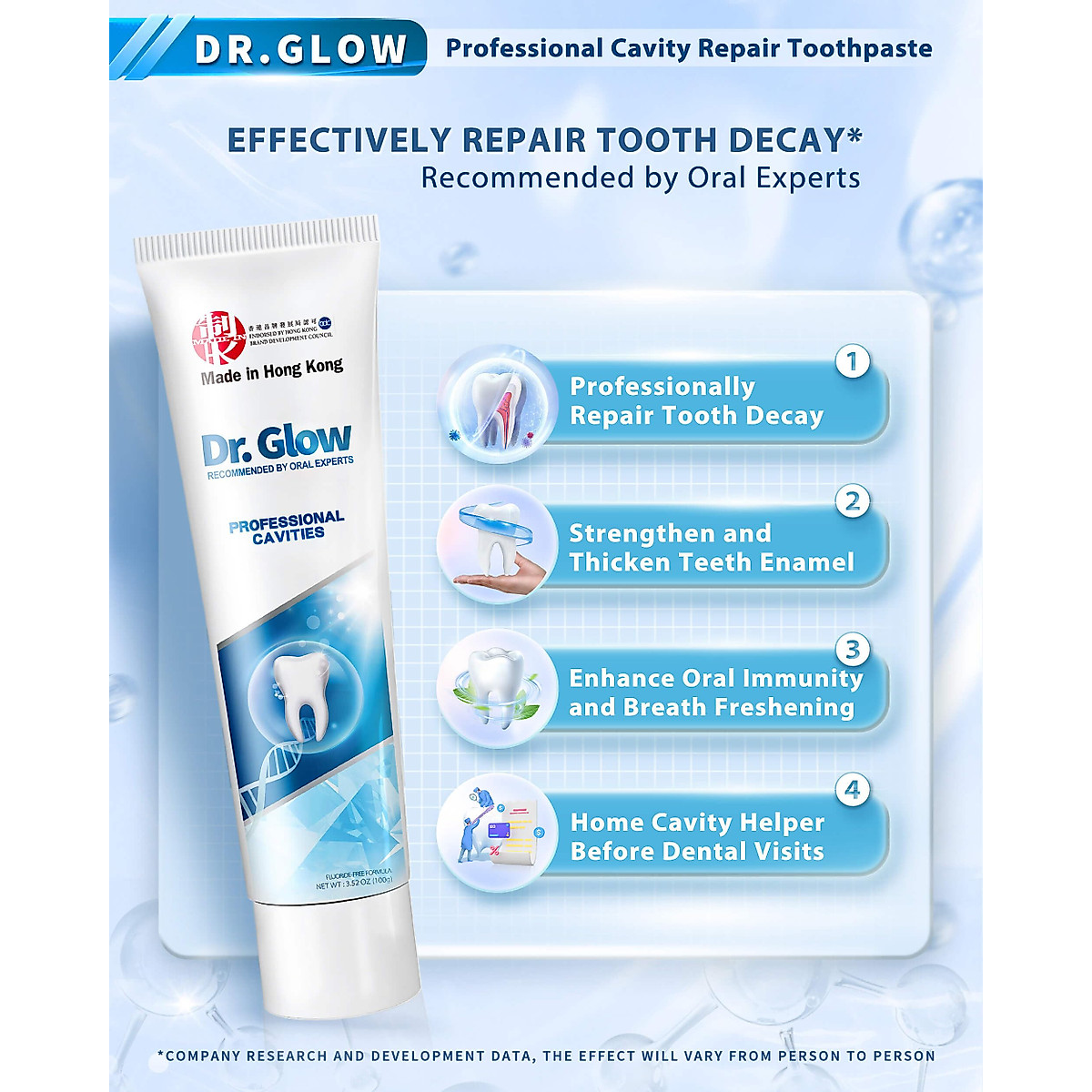 Dr. Glow Adult Cavity Repair Toothpaste, Hydroxyapatite Toothpaste Fluoride Free, Home Cavity Repair Remineralizing Toothpaste for Enamel Repair, Tooth Decay Repair Toothpaste for Stain Removal 2Tubes