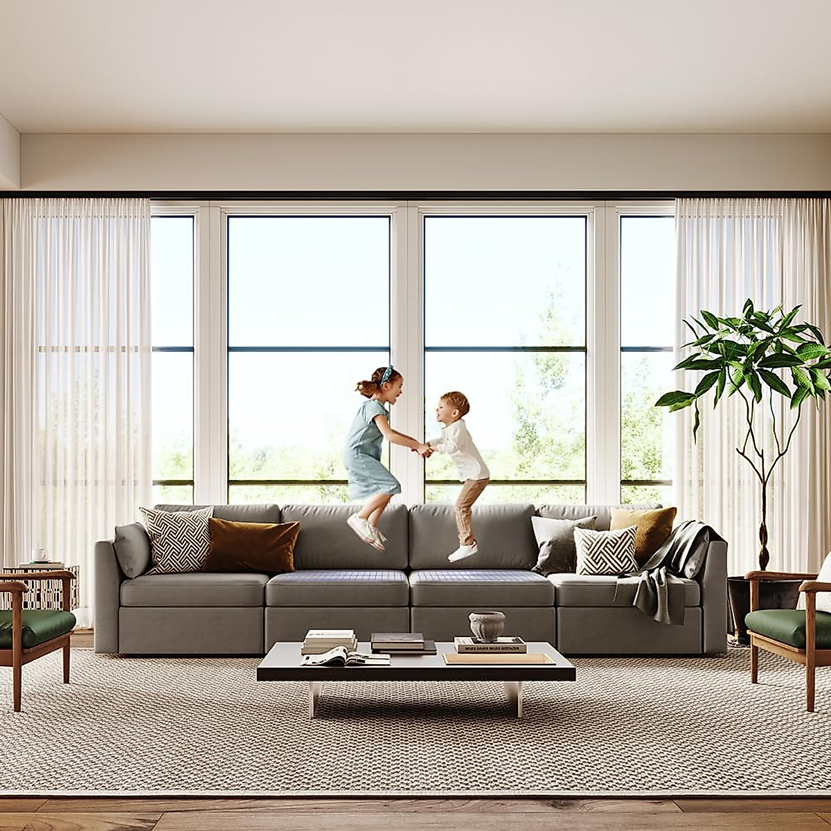 POVISON 115.35" Modular Sectional Oversized Modern Sofa for Living Room Large Sectional Couches Velvet Deep Seat Sofa Set 3 Seats Big Comfy Cloud Couch for House Office