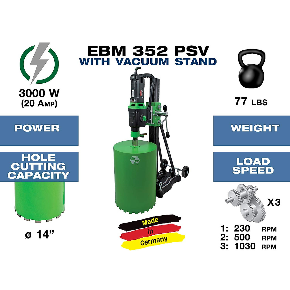 CS Unitec EBM 352/3 PSV -14 in. Capacity Concrete Core Drilling Rig with Vacuum/Anchor Stand- Wet Diamond Core Drill -3-Speed for Concrete, Brick, Asphalt, & Stone -Made in Germany (w/Vacuum Pump)