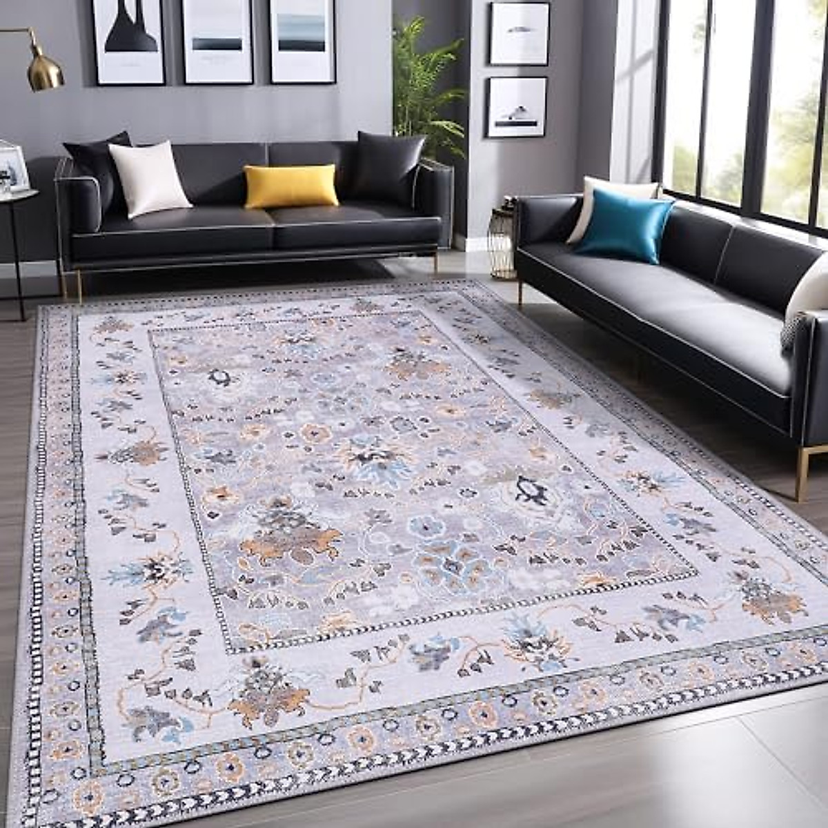 Lena Rug Floral Machine Washable Area Rug 5x7 for Living Room Bedroom Kitchen Dining Room Gray