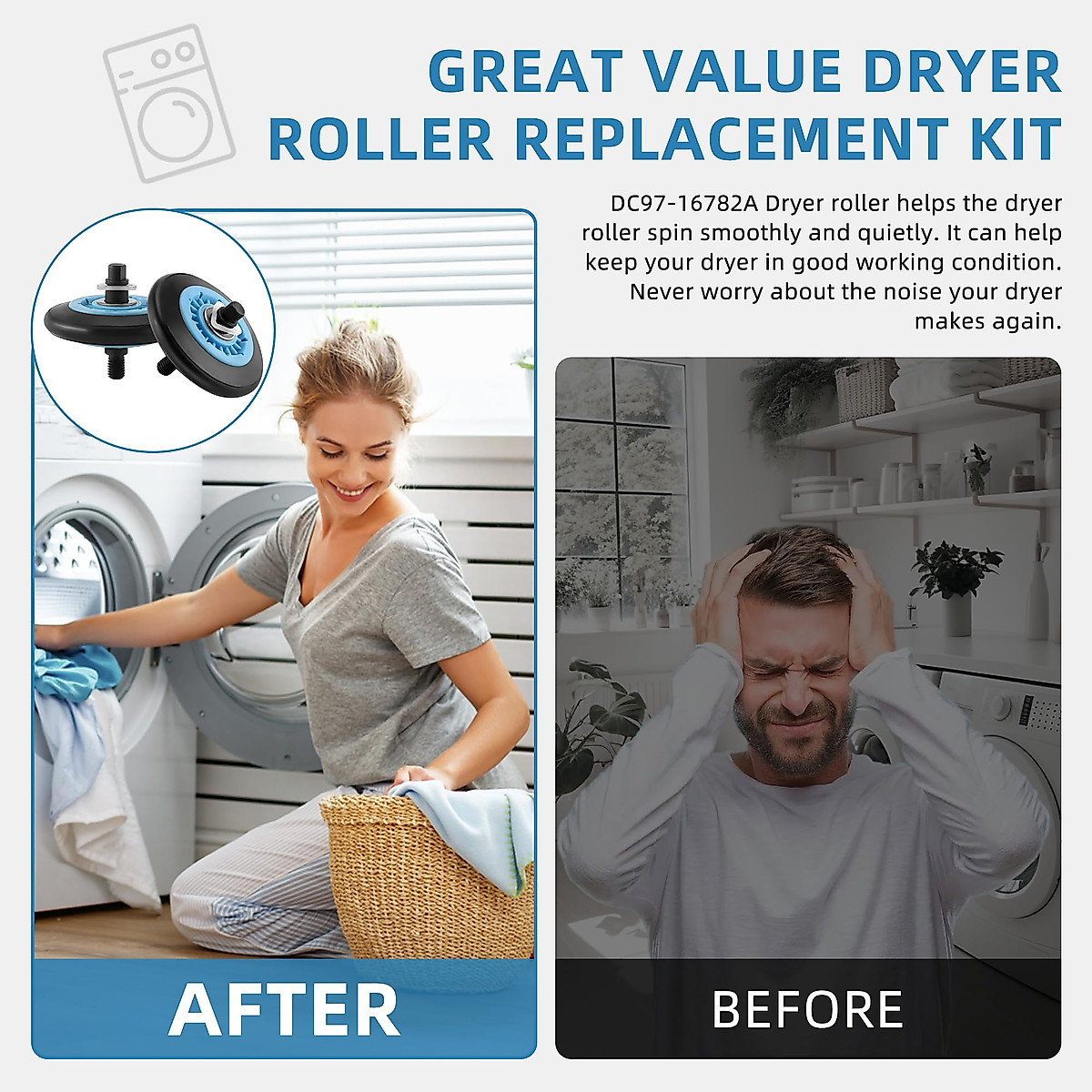 Upgraded Dryer Repair Kit DC97-16782A Dryer Roller Compatible with Samsung DV50K86EV/A3 DV40J3000EW/A2 DV42H5000EW/A3 Includes 6602-001655 Dryer Belt DC93-00634A Dryer Idler Pulley With Tension Spring