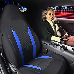 CAR PASS Bucket Car Seat Cover, Breathable 3D Air Mesh-100% Sporty Fabric Front Seats, Airbag Compatible, Universal Fit Auto SUV Truck Sedan Vans Women, High Back Two Front 2 Piece, Black Blue