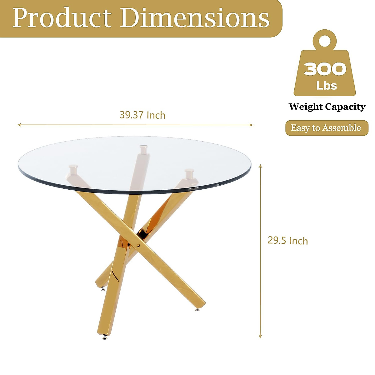 Modern Dining Table Set for 4, 5 PCS 39 Inch Round Tempered Glass Table with PU Leather Chairs for Small Living Room, Dining Room, Kitchen, Black with Gold Base
