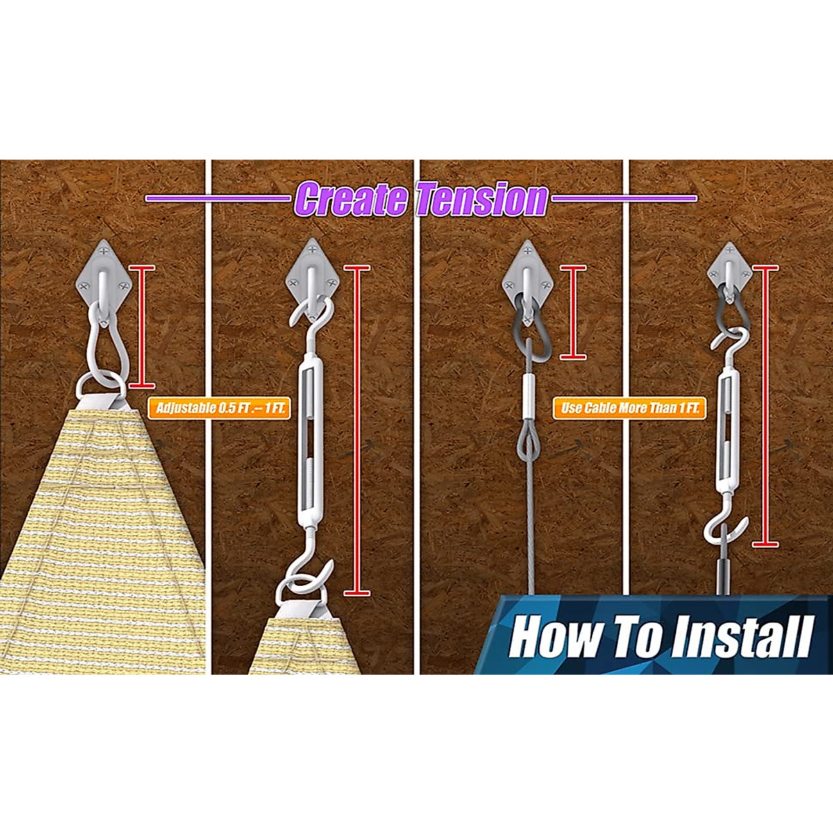 ShadeMart 12 Feet Stainless Steel Wire Cable Rope Cable 4 PCS Set Heavy Duty for Rectangle Or Square Sun Shade Sail Cannopy Installation (Cables Only) Special Designed Commerical Grade