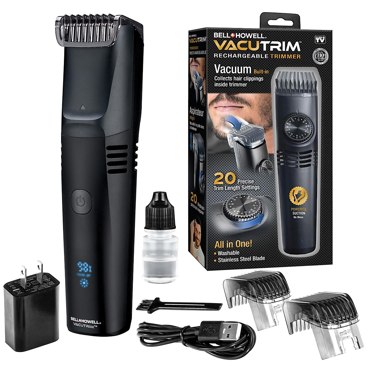 Bell+Howell Vacutrim Deluxe Cordless Mens Beard Trimmer, Rechargeable Electric Shaver with 20 Trim Setting and Built-in Vacuum for Mustache, Sideburns. Facial Hair, Black, 7.5", As Seen On TV