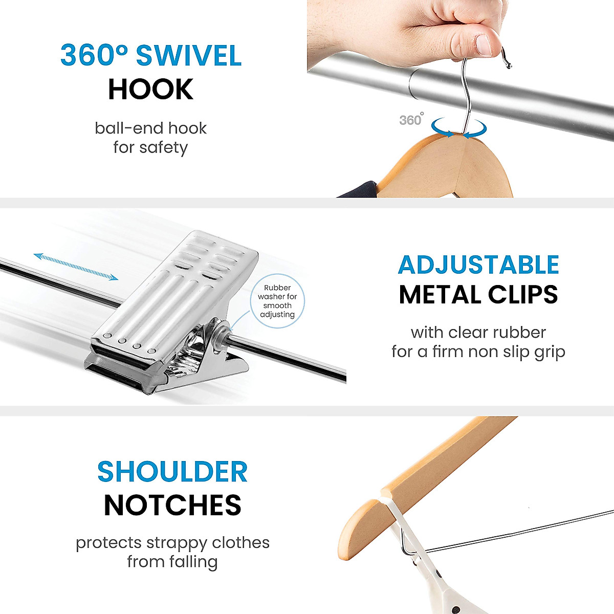 ZOBER High-Grade Wooden Suit Hangers (10 Pack) with Durable Adjustable Metal Clips, 360° Swivel Hook, Shoulder Notches for Dress Coat, Blouse, Jacket