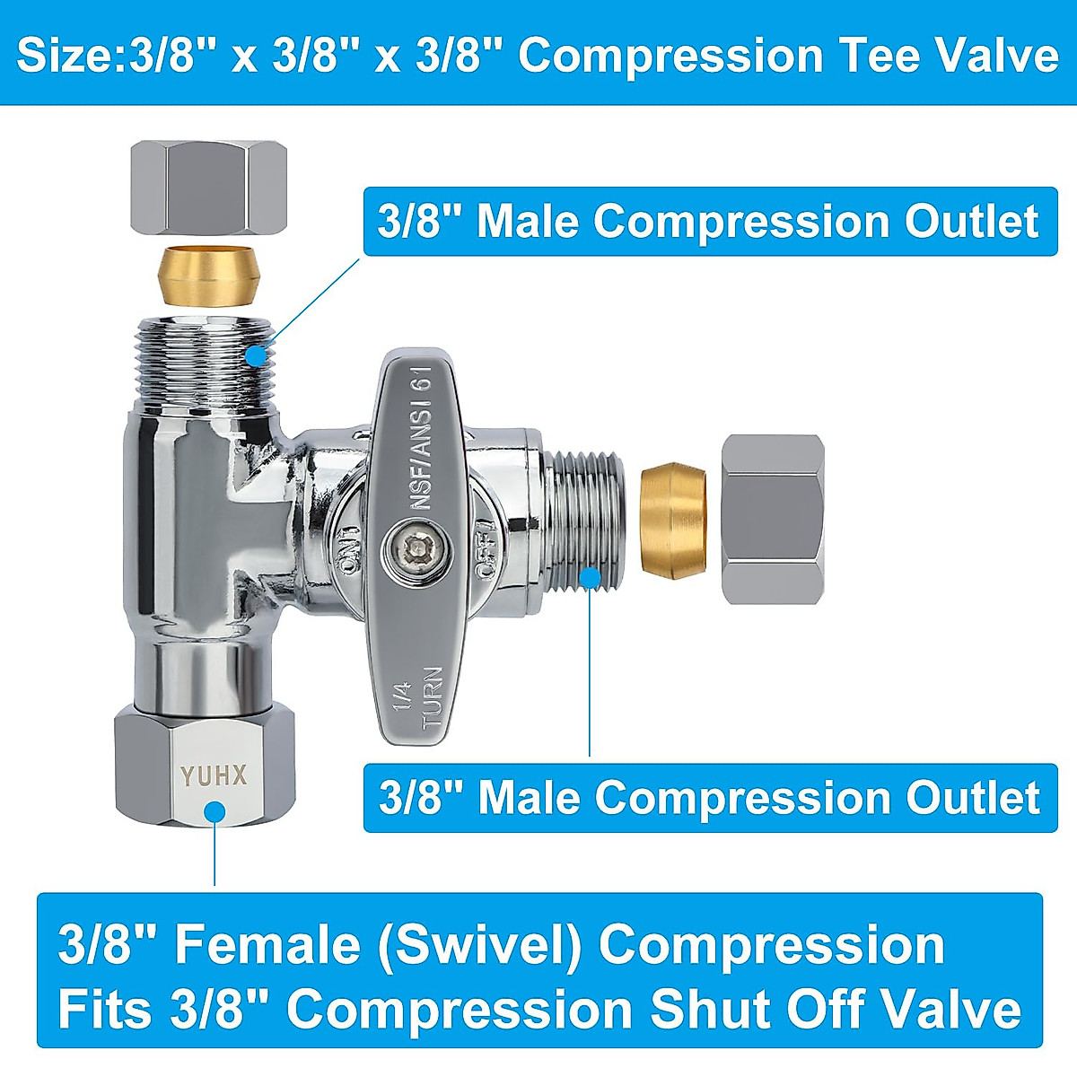 Brass Angle Stop Add-A-Tee Valve,3/8 x 3/8" x 3/8 Compression Water Splitter