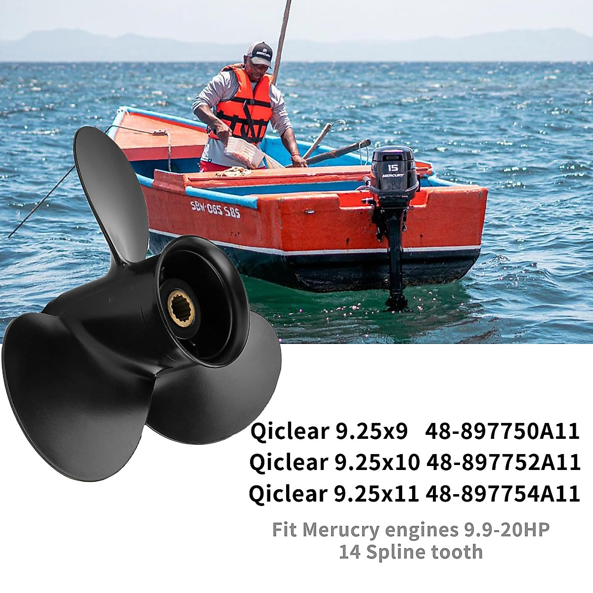 Qiclear 9.25 x 9 &10&11 | 14 Spline Tooth Upgrade Aluminum Outboard Propeller fit Mercury Engines 9.9/15/20HP Tohatsu Engine 9.9HP 15HP 18HP, RH (9.25x10)