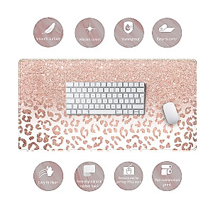 Desk Mat XXL Mouse pad, Pink Rose Gold Leopard Print Office Supplies and Accessories Decor Office for Women 31.5X15.75in,Stitched Edges Smooth and Non-Slip Rubber Bottom, Large Mouse pad for Desk