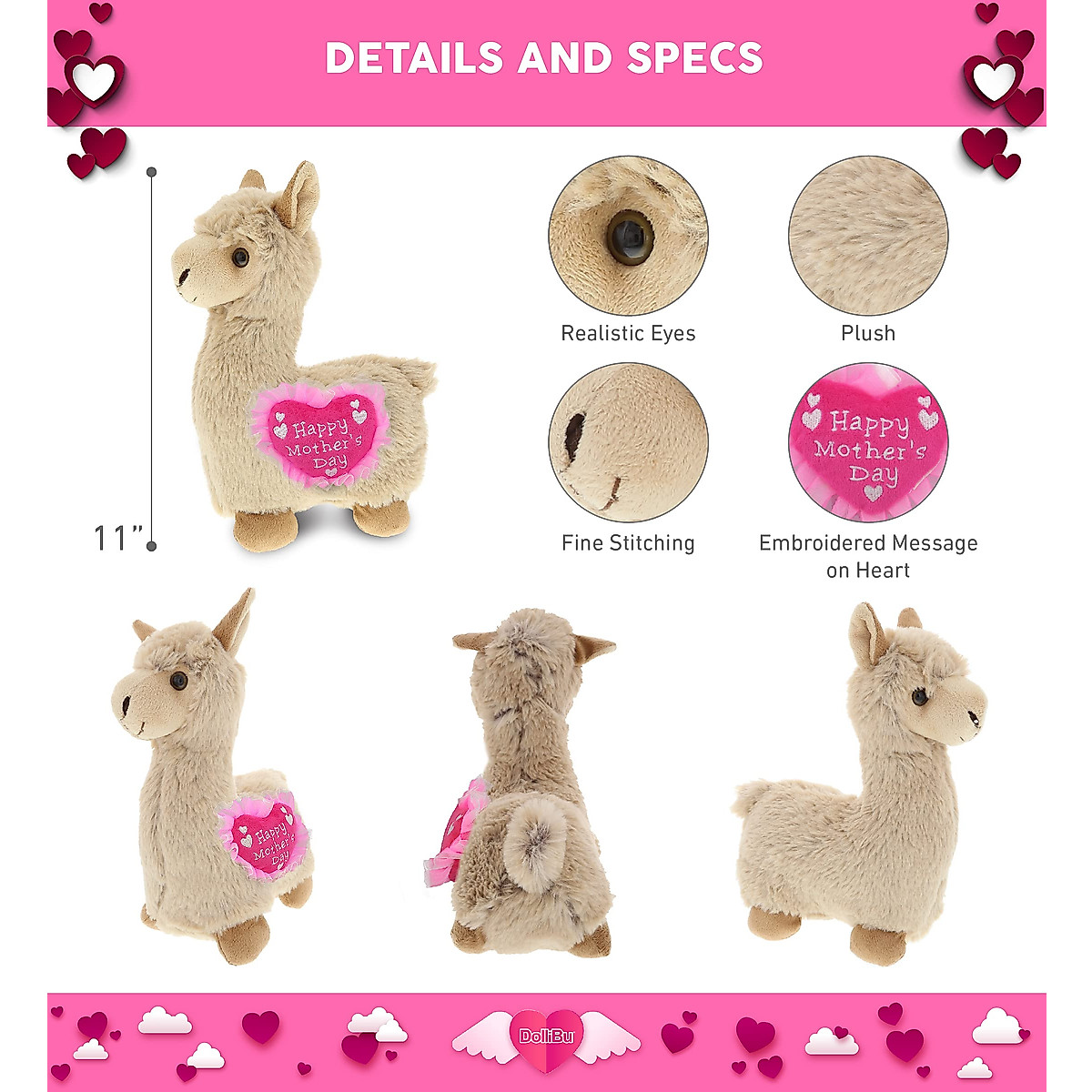 DolliBu Happy Mother's Day Super Soft Plush Beige Llama Figure - Cute Stuffed Animal with Pink Heart Message for Best Mommy, Grandma, Wife, Daughter - 11 Inch