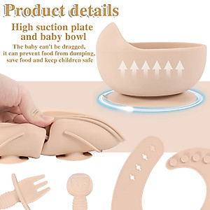 Pimoys 6 Pack Silicone Baby Feeding Set Baby Led Weaning Supplies Suction Bowl Plate Bib Tiny Cup Toddler Dishes with Fork & Spoon, Baby Eating Utensils Microwave & Dishwasher Safe