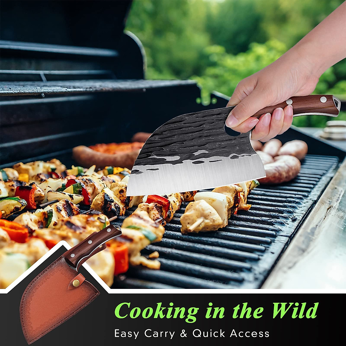 ROCOCO Serbian Chef Knife 6.5" Butcher Knife Japanese Full Tang Boning Chopping Viking Cleaver with Sheath for Kitchen Outdoor BBQ Camping Thanksgiving Christmas Gift Gift Men