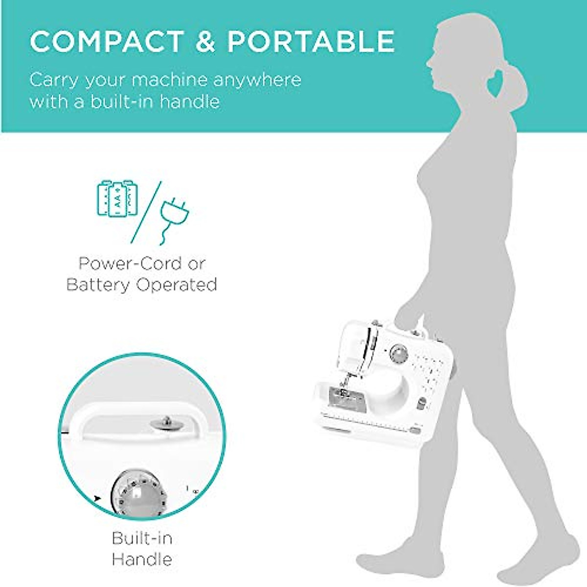 Best Choice Products Compact Sewing Machine, 42-Piece Beginners Kit, Multifunctional Portable 6V for Beginner w/ 12 Stitch Patterns, Light, Foot Pedal, Storage Drawer - Gray/White