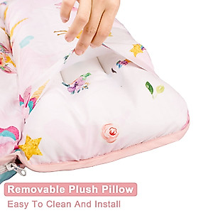 Toddler Nap Mat with Removable Pillow and Soft Dot Minky Blanket Pea Pod Kids Unicorn Napping Mats, Extra Large Rolled Slumber Bags for Girls Preschool, Daycare, Camping, 22 x 54inches Ages 3-7 Years