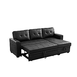 INFINI FURNISHINGS 84" Wide Sectional Sofa with Pull Out Sleeper Bed, Reversible Storage Chaise Lounge, Modern Tufted Line Design Sofabed, Faux Leather, Black