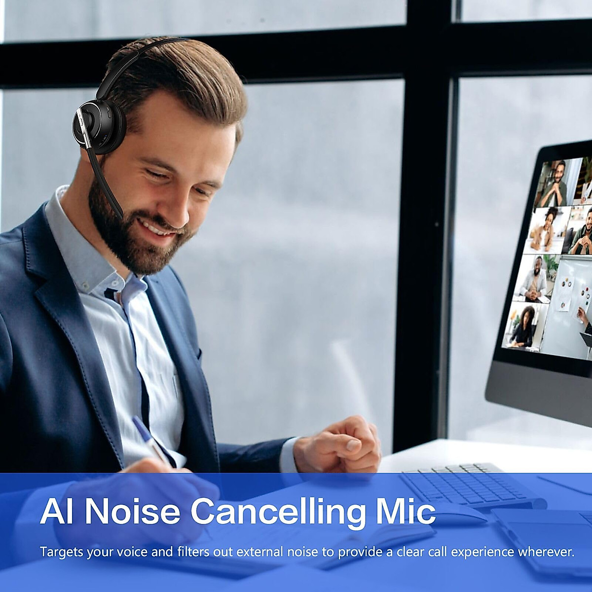 PrancyBt Bluetooth Headset, Wireless Headset with Microphone for PC, V5.2 Computer Headset with Noise Cancelling Mic, USB Dongle, Charging Base & Mute Button for Work, Cell Phones, Computer (Black)