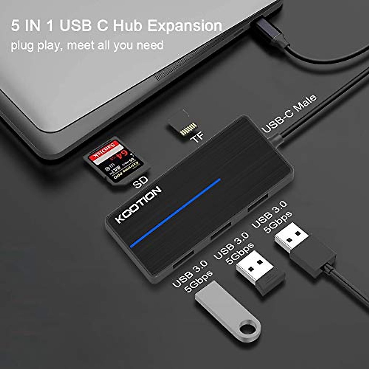 KOOTION 5-in-1 USB-C Hub with SD Card Reader USB C to USB 3.0 Hub, Ultra-Slim Type-C Hub USB 3.0 Adapter for SD Card/Micro SD Card with LED Light, 3 x USB 3.0 Port, Card Reader