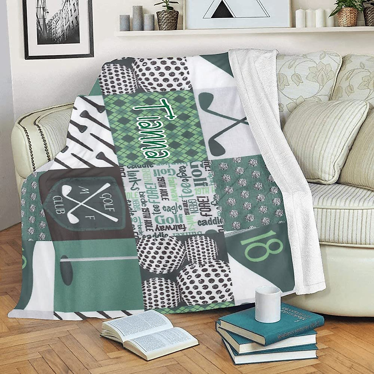 XOZOTY Personalized Golf 18 Blackish Green Patchwork Baby Blanket with Name Custom Baby Nursery Throw Fleece Blankets for Boys and Girls Birthday Tapestry 30 X 40inch