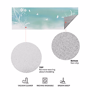 Welcome Mats, Floral Butterfly and Grass Silhouette on Green Door Mat, Non-Slip Absorbent Large 16x47 Inch Outdoor Indoor Mat Low-Profile Floor Mat Doormat for Entryway/Patio/Garage