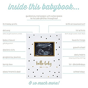 Pearhead First 5 Years Baby Memory Book, Gender-Neutral Baby Keepsake for New and Expecting Parents, Pregnancy And Milestone Journal, 50 Fill In Pages, Black and Gold Polka Dot