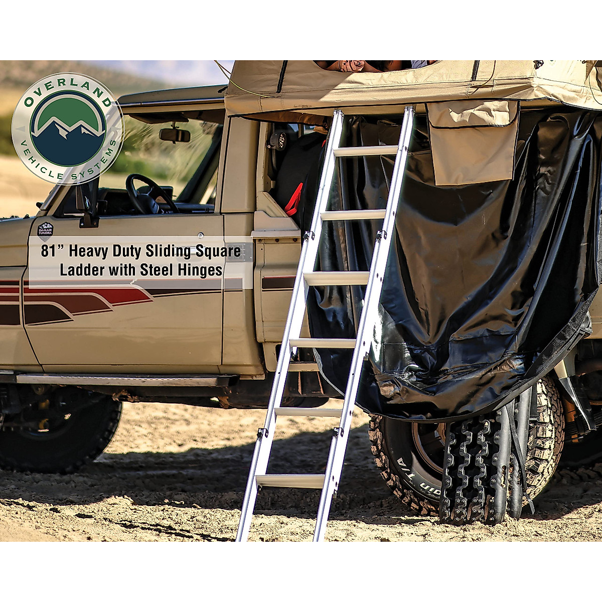 Overland Vehicle Systems TMBK 3 Person Roof Top Tent with Rain Fly Tan Body & Green Rainfly - Black Aluminum Base with Black Ladder - Universal Fitment