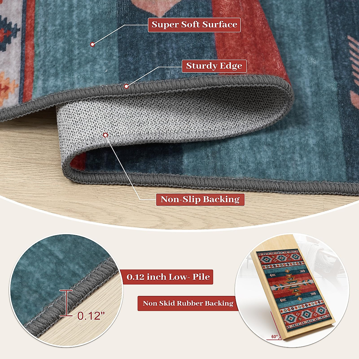 LIVEBOX Washable Native American Christmas Rug 8x10 - Soft Western Rugs for Living Room Thin Non-Slip Rug for Bedroom, Throw Carpet Southwestern Large Rugs for Living Room,(8 x 10 ft, Red Multi)