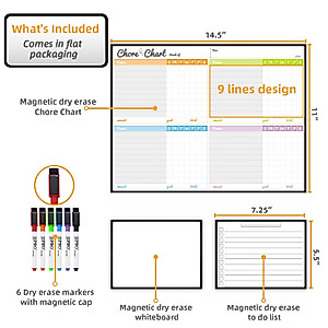 Magnetic Dry Erase Chore Chart Set for Fridge-Used for Multiple Kids-One Chore Chart and Two Bonus Dry Erase Pad/Grocery Boards-Behavior Chart for Multiple Kids-6 Extra Fine Tips Markers Included!