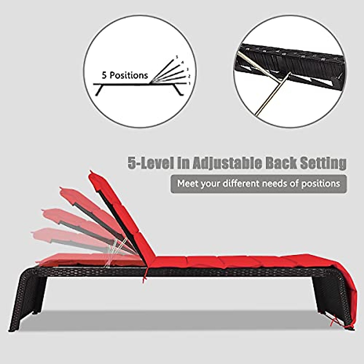 RELAX4LIFE Outdoor Patio Rattan Chaise Lounge, PE Rattan Wicker All Weather Lounge Chair with Adjustable Reclining Backrest and Cushions for Poolside Porch Garden and Backyard (1, Red)