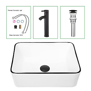 KSWIN Ceramic Rectangular Bathroom Vessel Sink, 16'' x 12'' Above Counter Porcelain Small Sink with Faucet Combo, White Body with Black Trim on The Top