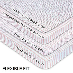 Ely's & Co. Patent Pending Waterproof Pack N Play/Mini Portable Crib Sheet with Mattress Pad Cover Protection I Mauve Pink Stripes and Splash by Ely's & Co.