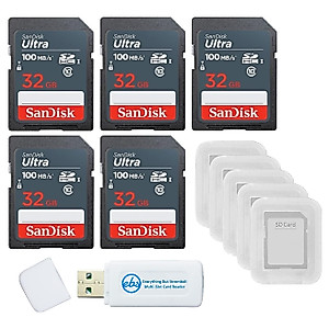 SanDisk 32GB Ultra SD Memory Card 5 Pack SDHC UHS-I Class 10 (SDSDUNR-032G-GN3IN) Bundle with 5 SD Card Cases & 1 Everything But Stromboli Card Reader
