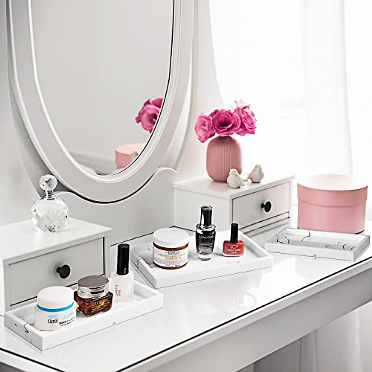 3 Pieces Bathroom Vanity Tray, Ceramic Vanity Tray Marble Decor Bathroom Tray Vanity Display Tray Decorative Paper Towel Tray Ceramic Jewelry Tray Rectangle Perfume Tray for Bathroom Accessory (White)