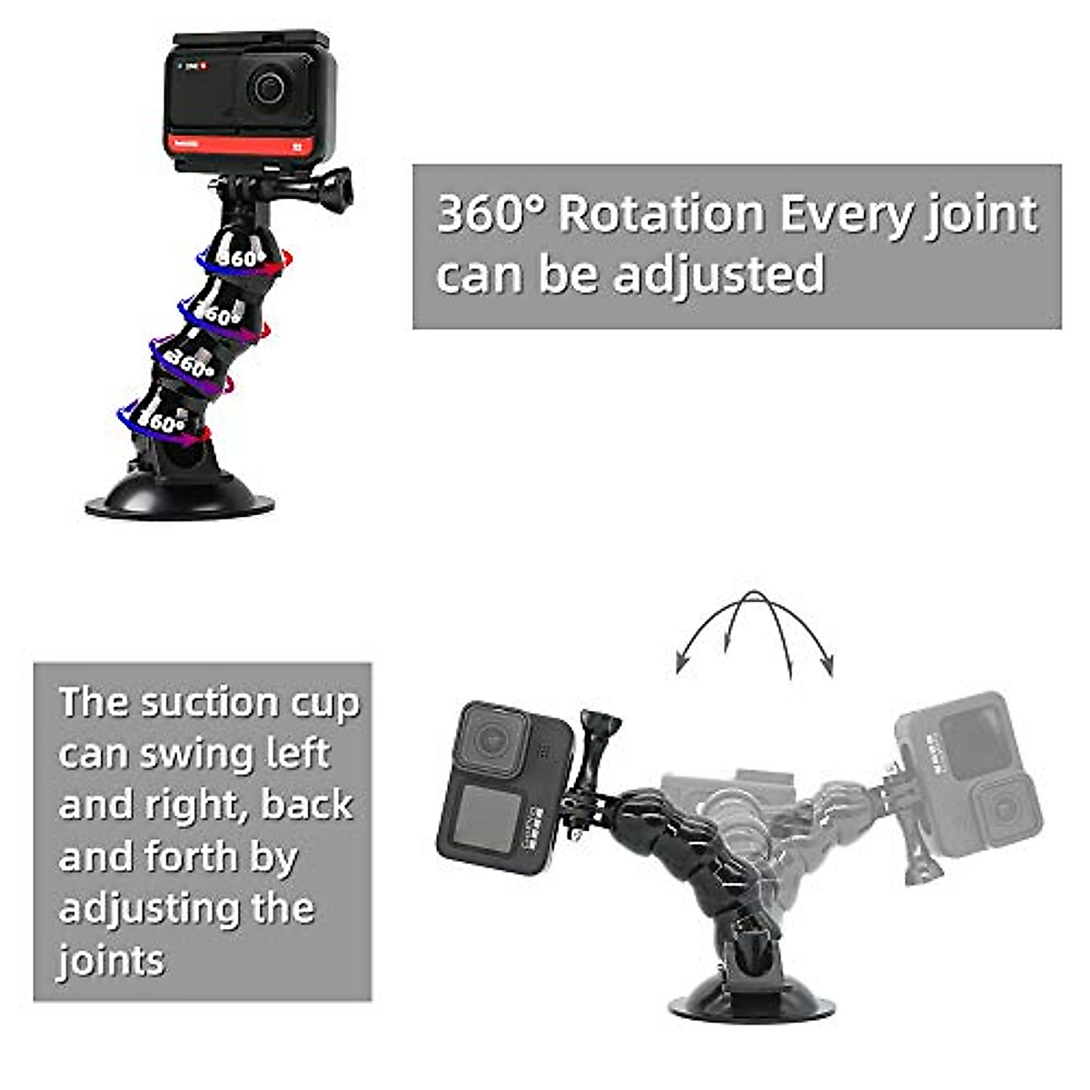 SUREWO Flexible Gooseneck Suction Cup Car Mount Holder for GoPro Hero 11 10 9 8 7 6 5 Black, Flexible Extension Car Windshield Mount with Phone Holder for iPhone,Samsung Galaxy,Google Pixel and More