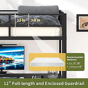 Yoobure Loft Bed Twin Size with Desk, Metal Twin Loft Bed Frame with Charging Station & Safety Guard, LED Loft Beds with 2 Storage Drawers for Kid Junior Adult, Heavy Duty, Space-Saving, Noise Free