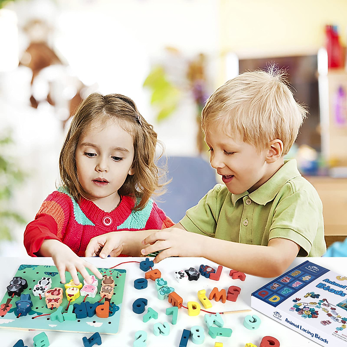 Atoylink 66 PCS Lacing Beads Montessori Toys for Toddlers with Lacing Board Wooden Primary String Threading Beads Animal Letters Numbers Lacing Toy Preschool Educational Toy for 3 4 5 6 7 8 Years Old