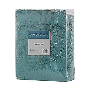 Comfort Spaces Ruched Faux Fur Plush 3 Piece Throw Blanket Set Ultra Soft Fluffy with 2 Square Pillow Covers, 50"x60", Teal
