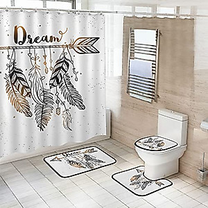 Oyihfvs Boho Ethnic Arrow and Beautiful Feathers Dream Cather 4 Pcs Shower Curtain with Matching Doormat Sets, Bath Curtain with Rugs(Bath Mat, U Shape Mat, Toilet Lid Cover Mat) with Hooks