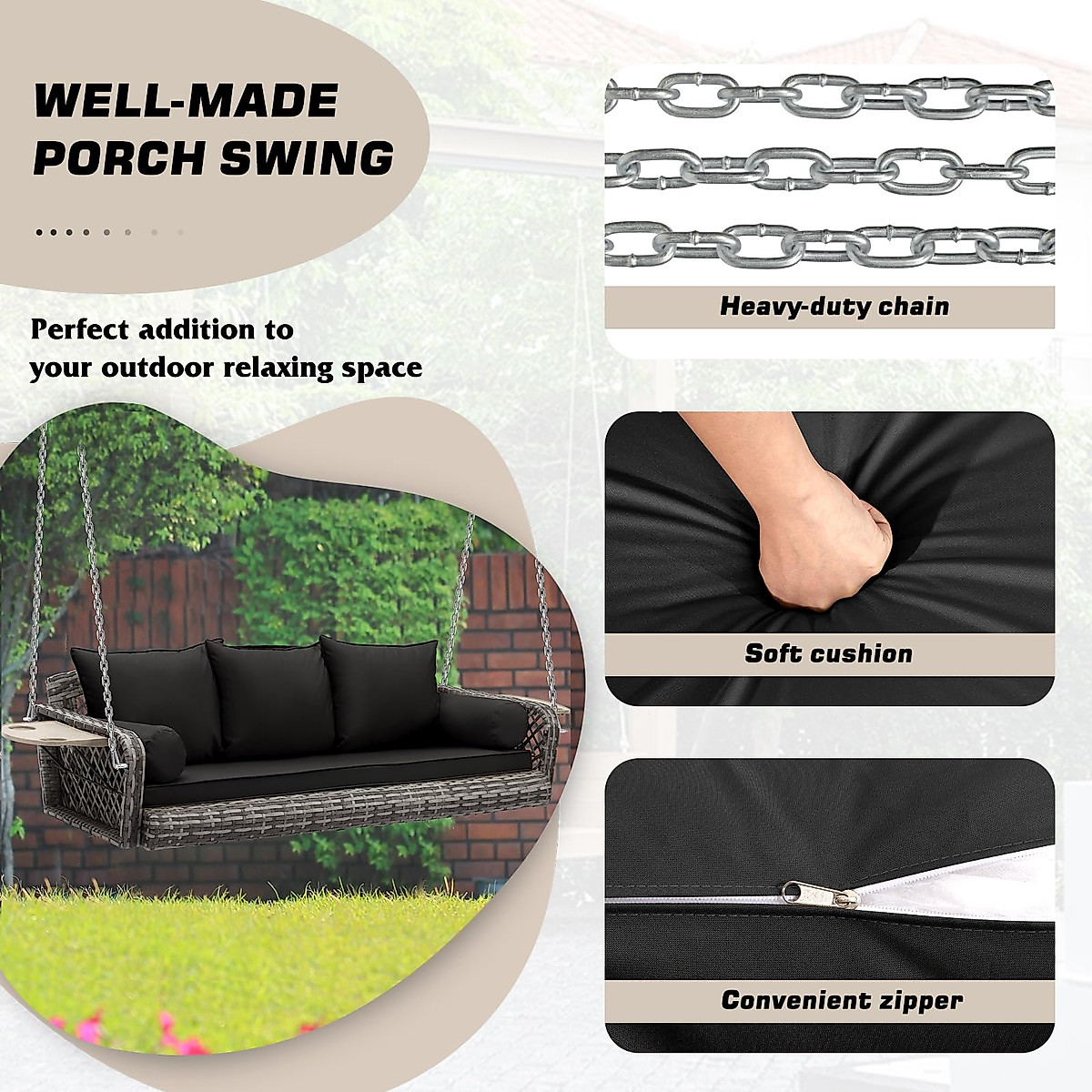 Grepatio 3 Person Porch Swing Patio Wicker Hanging Porch Swing Chair Outdoor Rattan Swing Bench with Cushion and Pillow for Garden, Yard, Lawn (Gray Rattan Black Cushion)