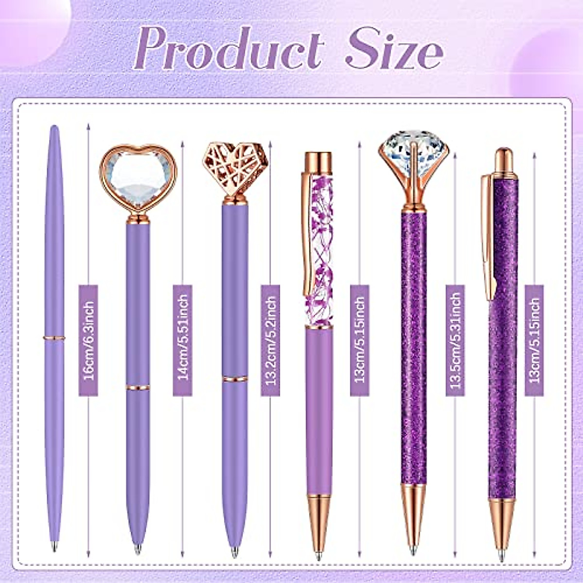 6 Pcs Ballpoint Pen Set Include Crystal Diamond Pen Slim Metal Ballpoint Pens Black Ink Stylus Pen Liquid Sand Pen Retractable Glitter Pen for Office School Gifts Wedding Party Supplies (Purple)