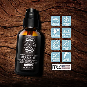 Lather & Wood Beard Oil For Men - Premium Blend - Spill-proof Pump - Original Scent - 1oz