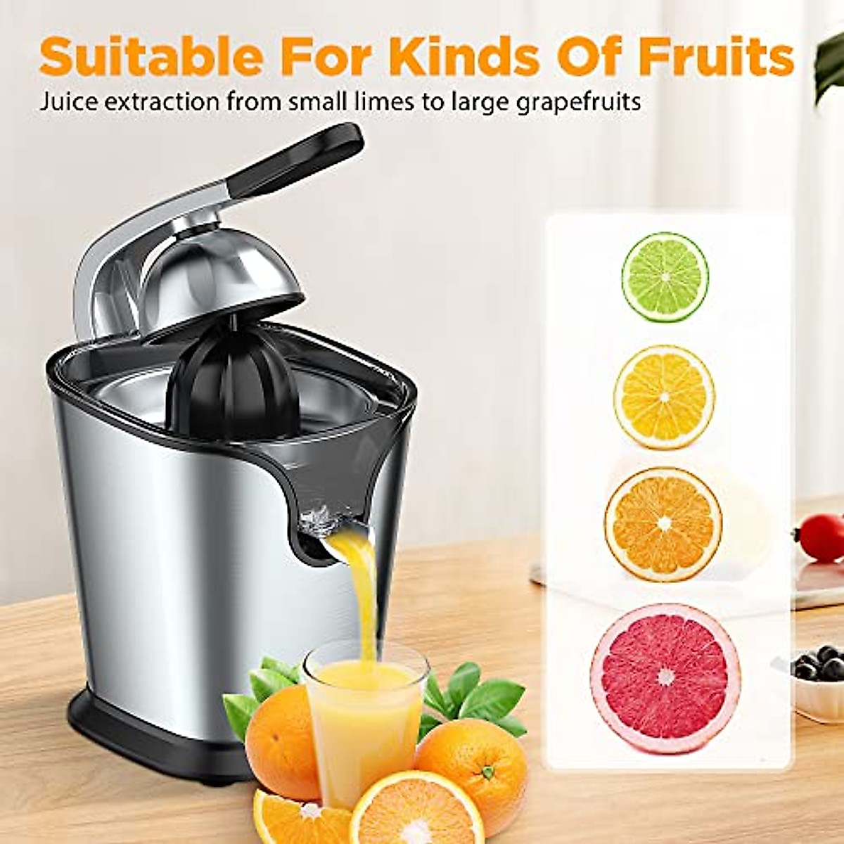 Ainclte Electric Citrus Juicer Squeezer Stainless Steel 150 Watts of Power for Orange Lemon Lime Grapefruit Juice with Soft Rubber Grip, Filter and Anti-drip Spout Lock - Black, Black/Stainless Steel