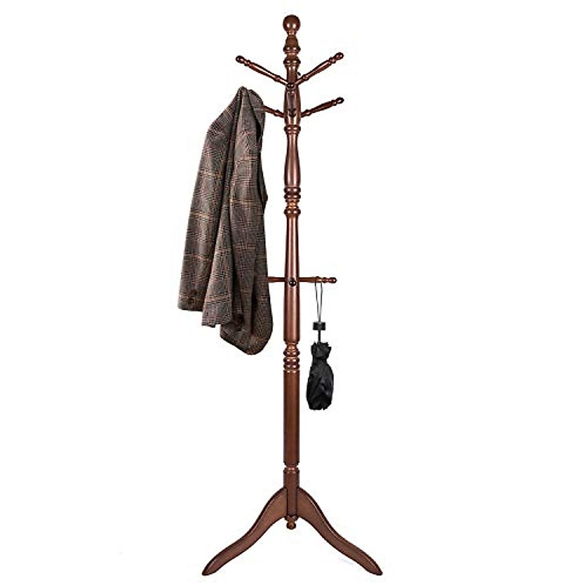Vlush Free Standing Coat Rack, Wooden Coat Hat Tree Coat Hanger Holder Coat Hook Entryway Hall Tree with Solid Rubber Wood Base, 10 Hooks,Coffee