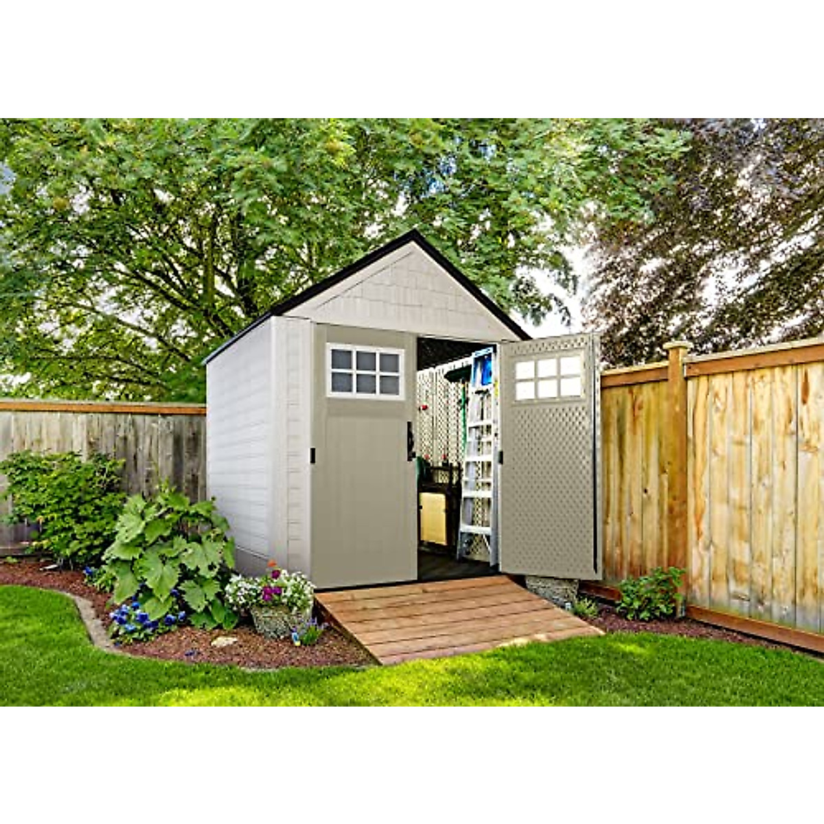 Rubbermaid Resin Weather Resistant Outdoor Storage Shed, 7 x 7 ft. , Faint Maple/Onyx/Sandstone, for Garden/Backyard/Home/Pool
